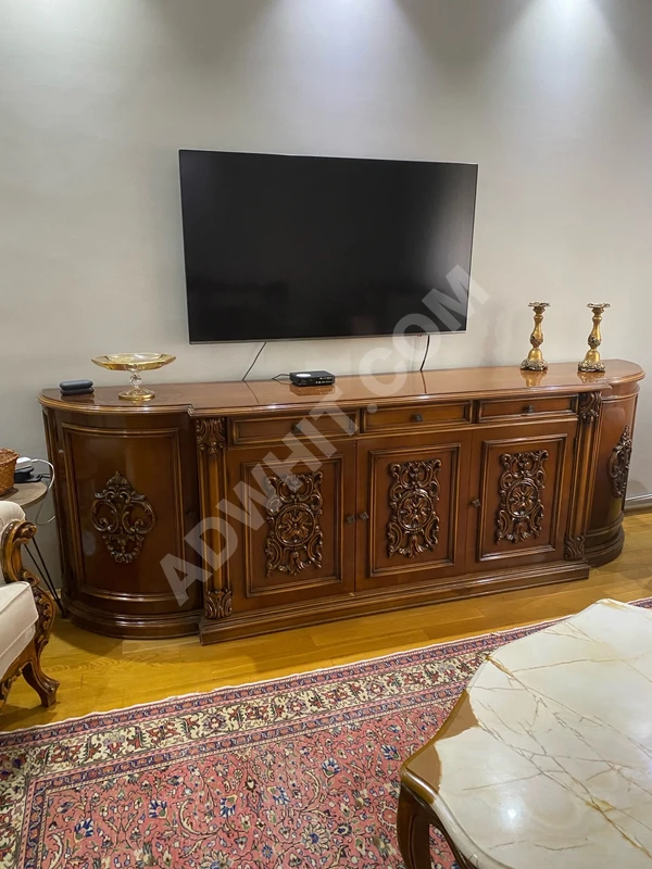 Walnut ceramic/TV unit with antique carvings, mirror, and dome - Adwhit